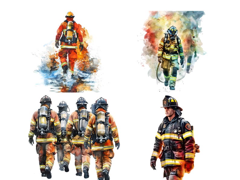 Firefighters Clipart Bundle, Watercolor Fire Graphics, Fireman Clipart ...