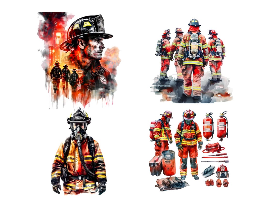 Firefighters Clipart Bundle, Watercolor Fire Graphics, Fireman Clipart ...