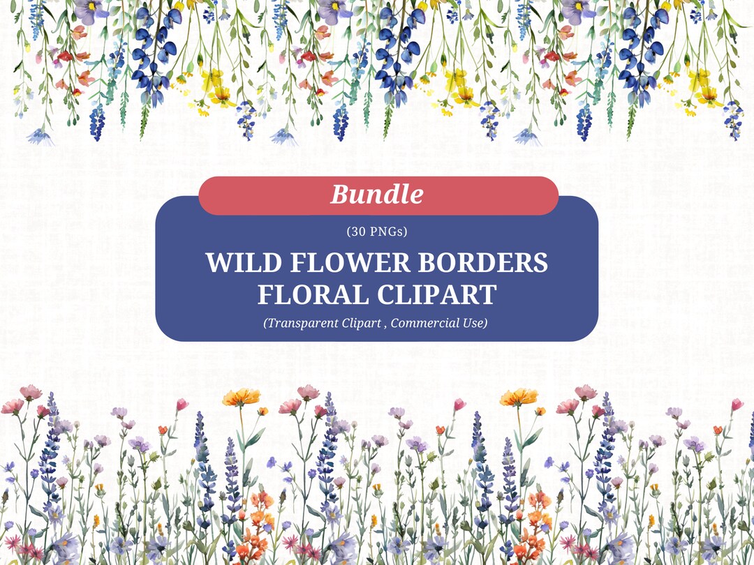 30 Wildflowers Border Clipart, Floral Clipart, Watercolor Flower Border ...