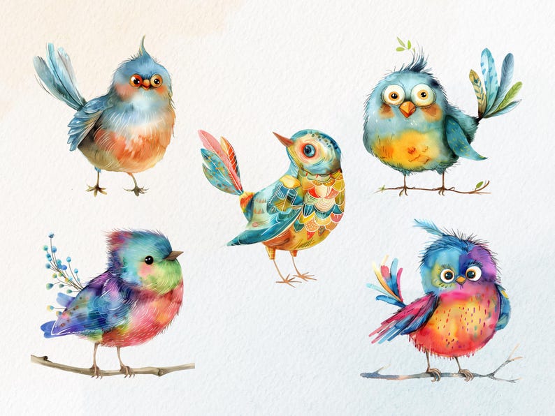 30 Cute Whimsical Bird Clipart, Funny Bird Clipart, Watercolor Clipart ...