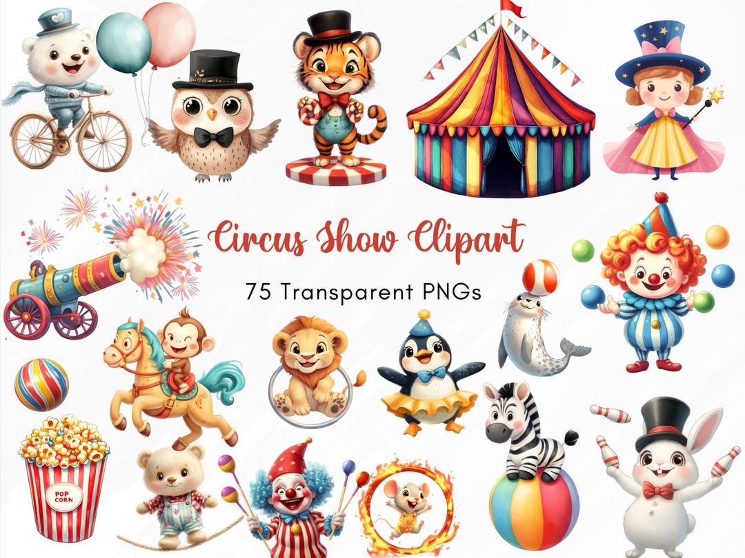 Circus Clipart Bundle, Cute Carnival Pngs With Animals Clowns, 75 ...
