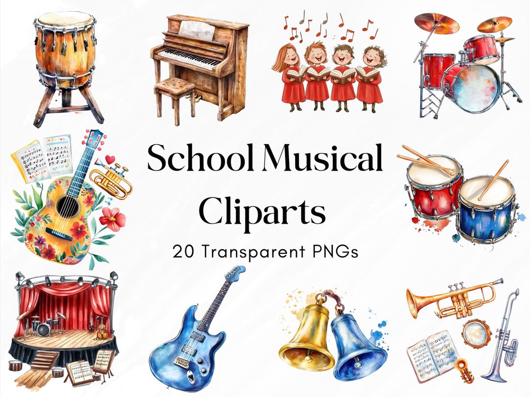School Musical Clipart Bundle, Watercolor Music Instruments PNG, Choir ...