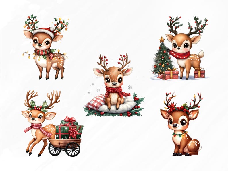 Watercolor Christmas Deer Clipart Bundle, 25 PNG Christmas Clipart ...