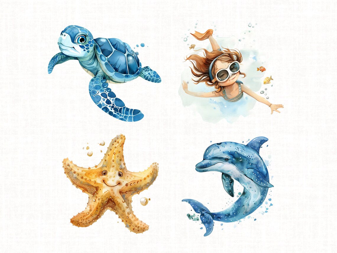 Under the Sea Clipart Bundle, Cute Sea Animals PNG, Ocean Sea Animals ...