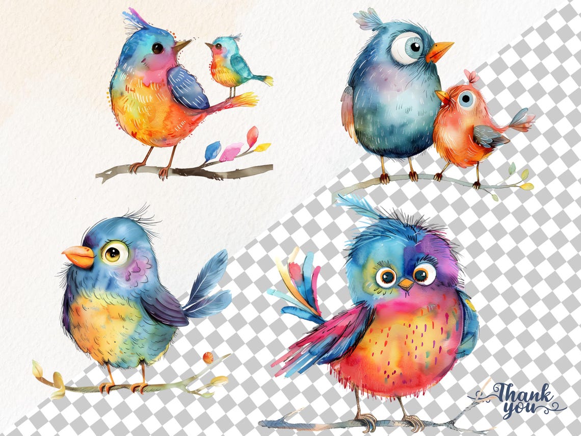 30 Cute Whimsical Bird Clipart, Funny Bird Clipart, Watercolor Clipart ...