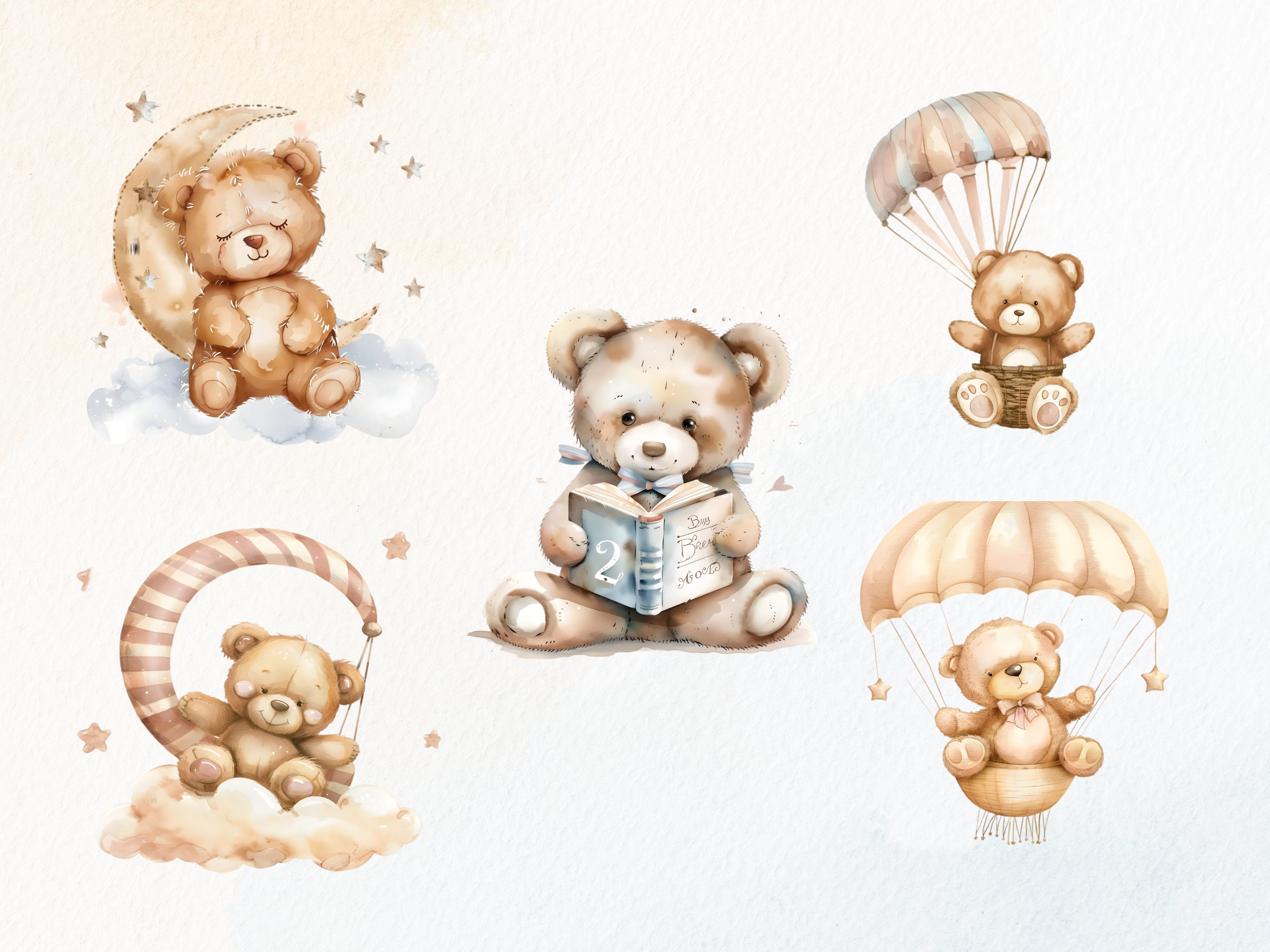Teddy Bear Watercolor Clipart Bundle, Baby Shower PNG (commercial Use ...