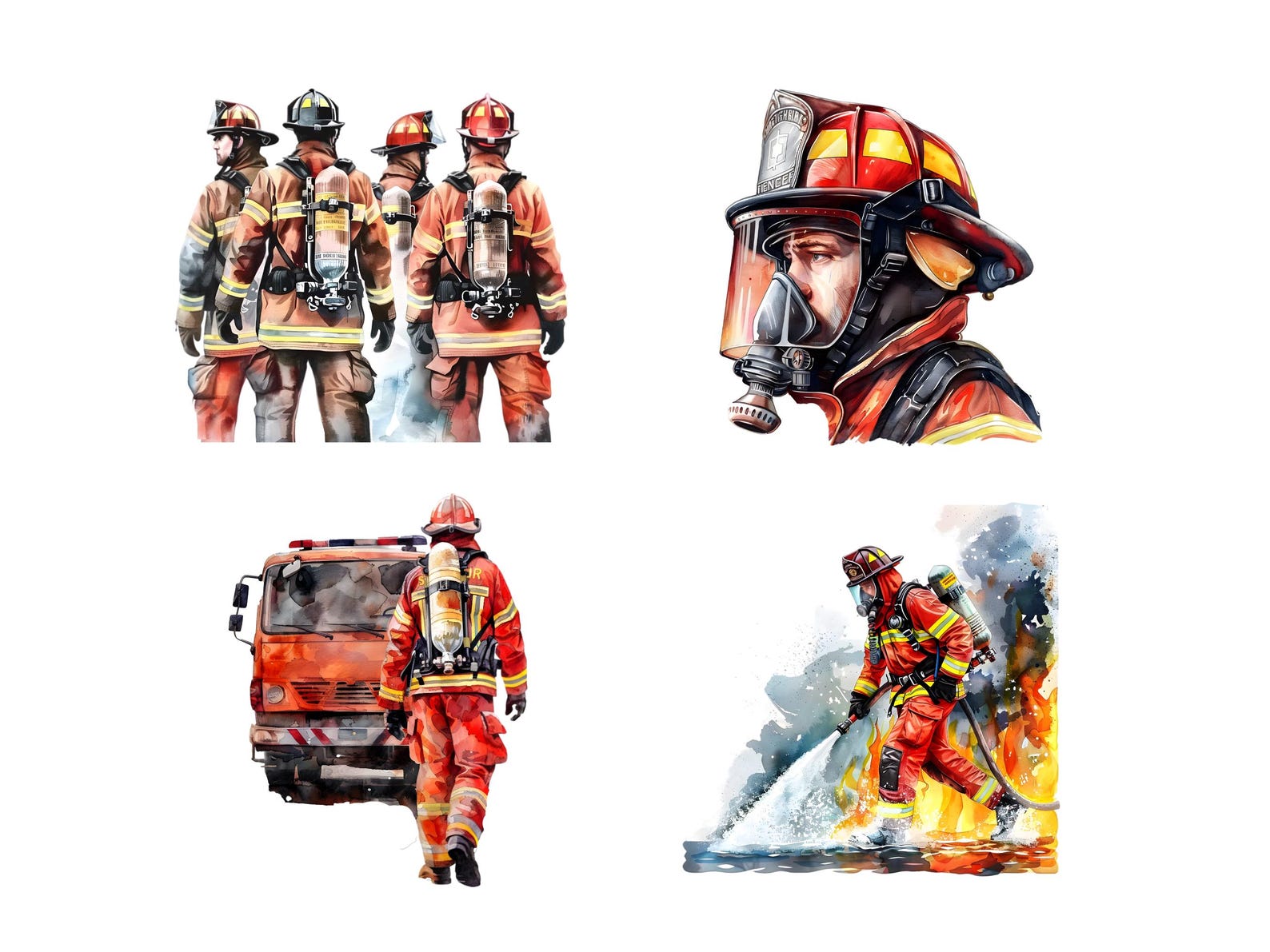 Firefighters Clipart Bundle, Watercolor Fire Graphics, Fireman Clipart ...