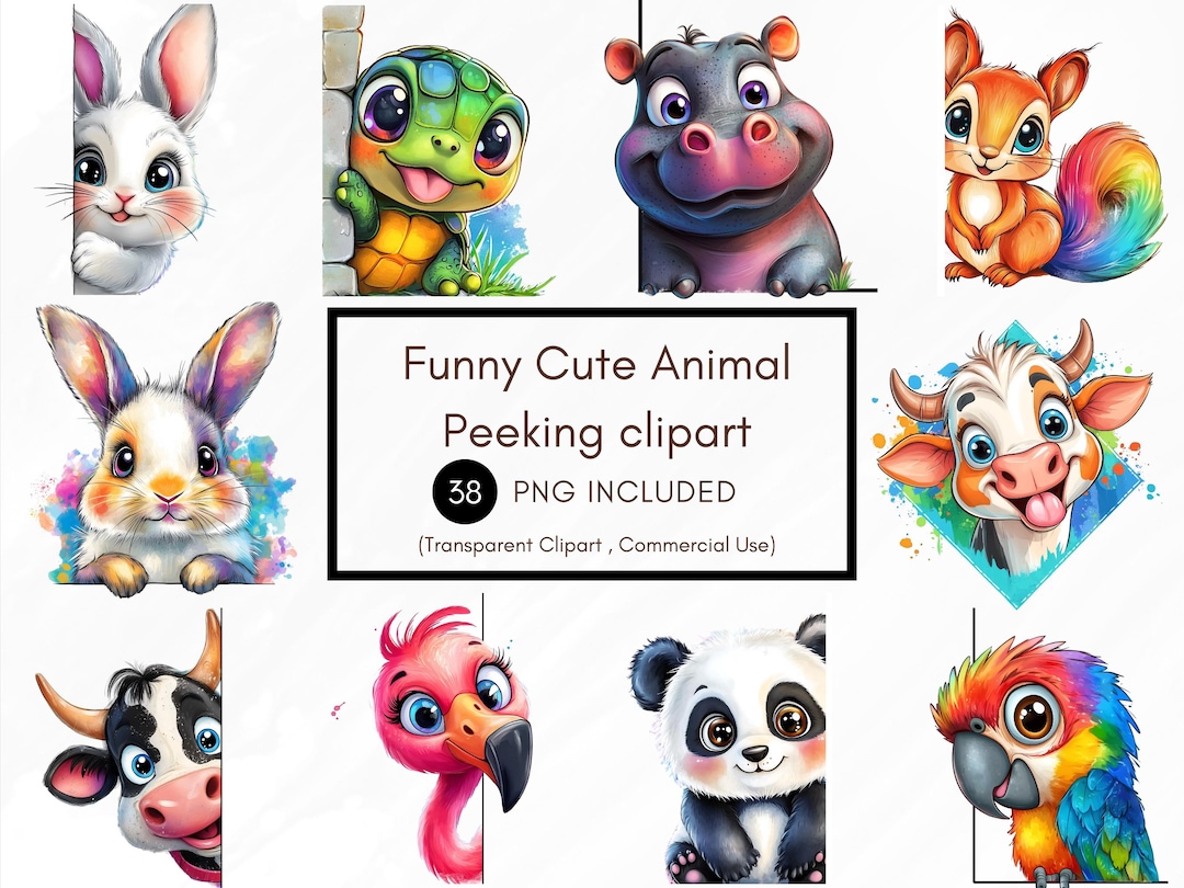 Funny Cute Animal Peeking Clipart Bundle, Cartoon Animal Faces for Kids ...