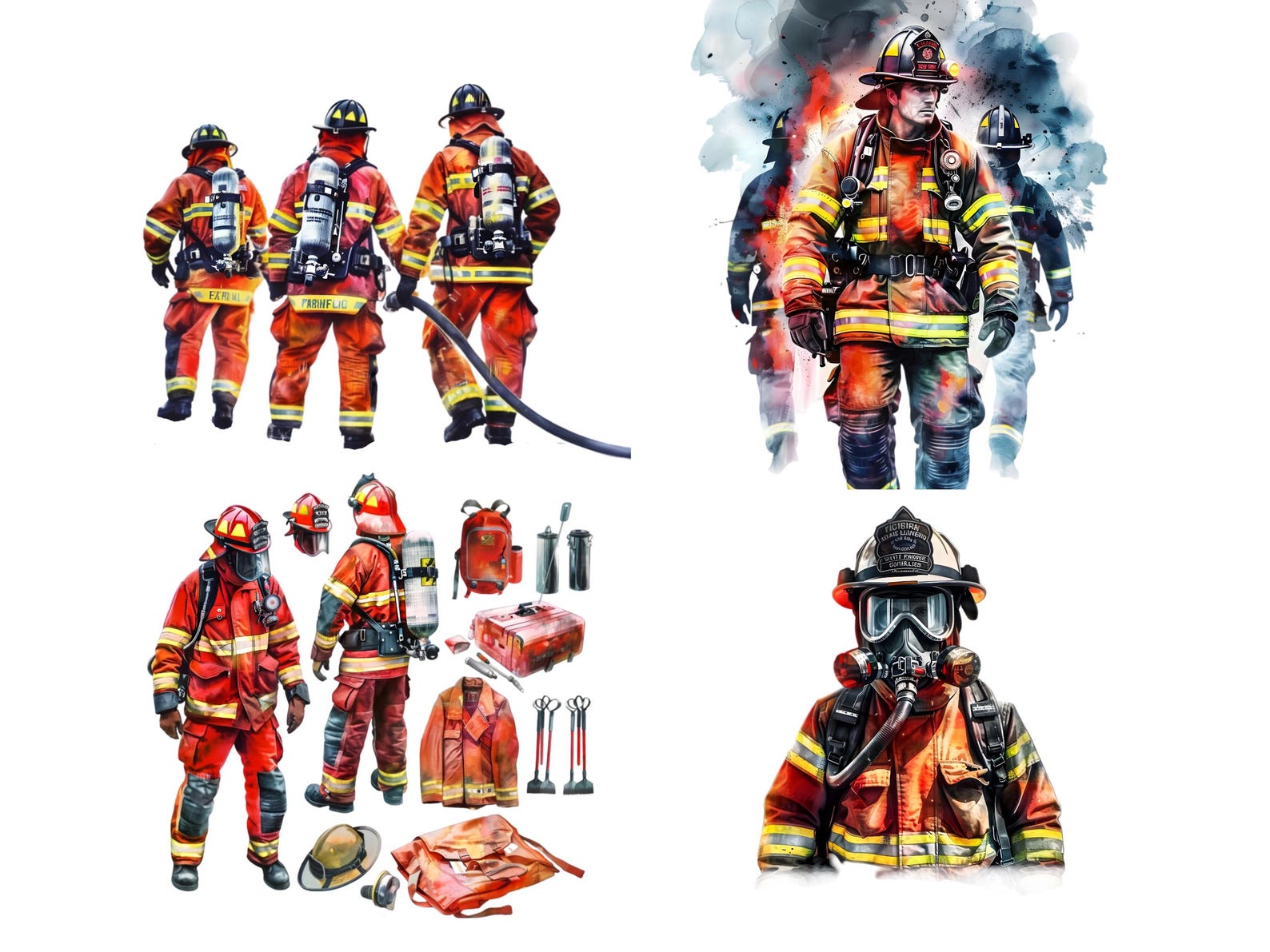 Firefighters Clipart Bundle, Watercolor Fire Graphics, Fireman Clipart ...