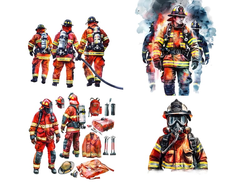 Firefighters Clipart Bundle, Watercolor Fire Graphics, Fireman Clipart ...
