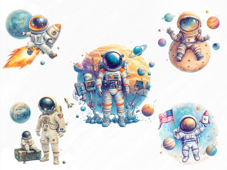Watercolor Astronaut Clipart Bundle, Space Rocket PNG (digital Download ...
