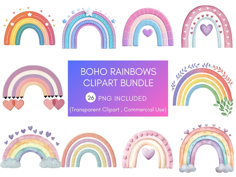 Boho Rainbow Clipart PNG Bundle, Cute Rainbow PNG, Boho Rainbow Clipart ...