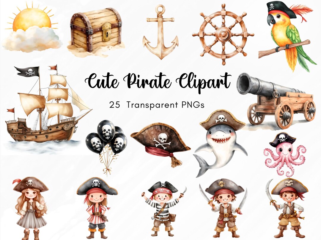Cute Pirate Clipart Bundle, Pirate Kids Clip Art PNG, Treasure Chest ...