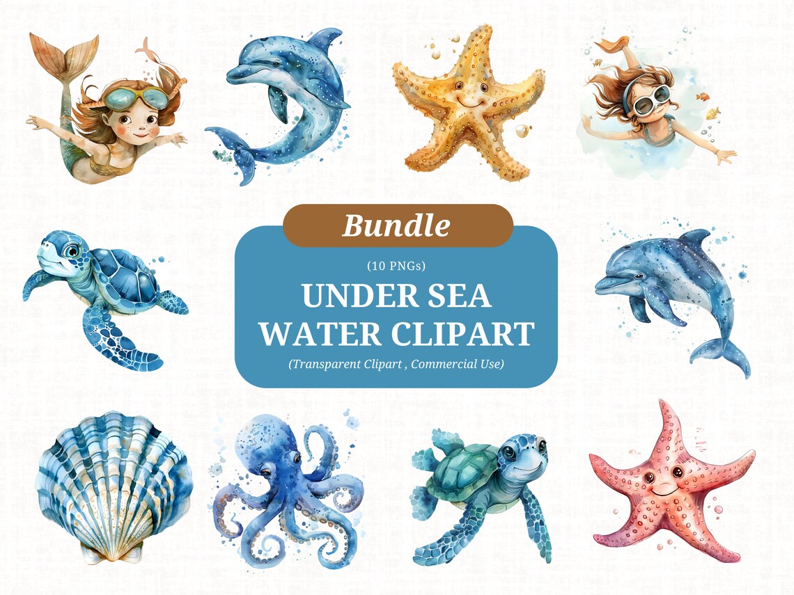 Under the Sea Clipart Bundle, Cute Sea Animals PNG, Ocean Sea Animals ...