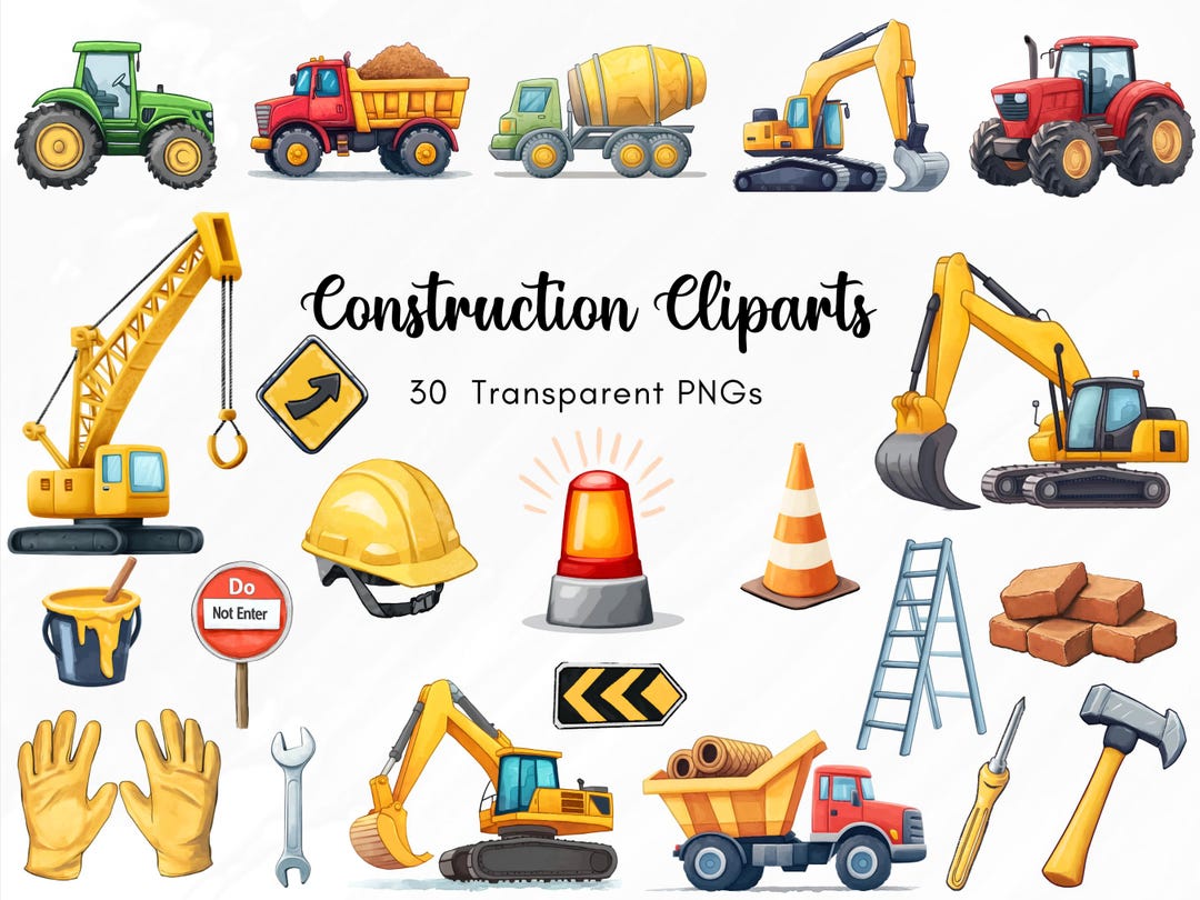 Watercolor Construction Clipart Bundle, 30 Pngs, Trucks, Tools, Cranes ...