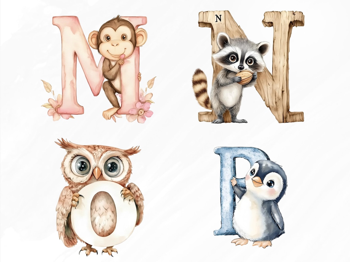 Watercolor Animal Alphabet Clipart, Cute Animal Letters PNG, Alphabet ...