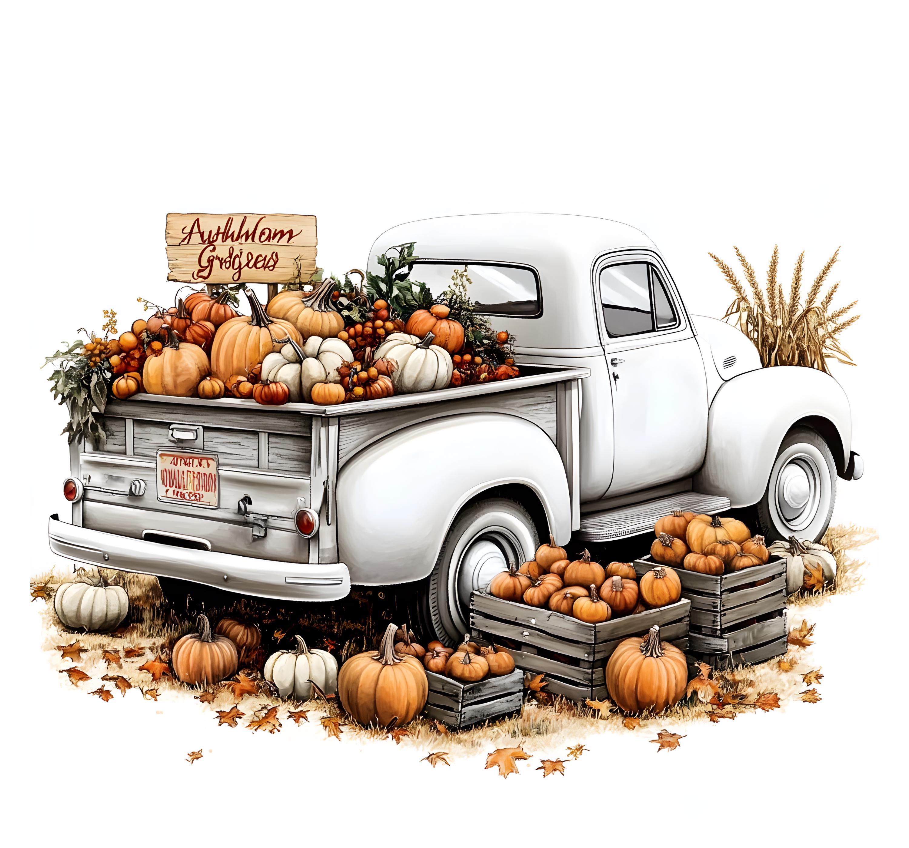 25 Vintage Autumn Truck Clipart Fall Harvest Trucks With Pumpkins ...