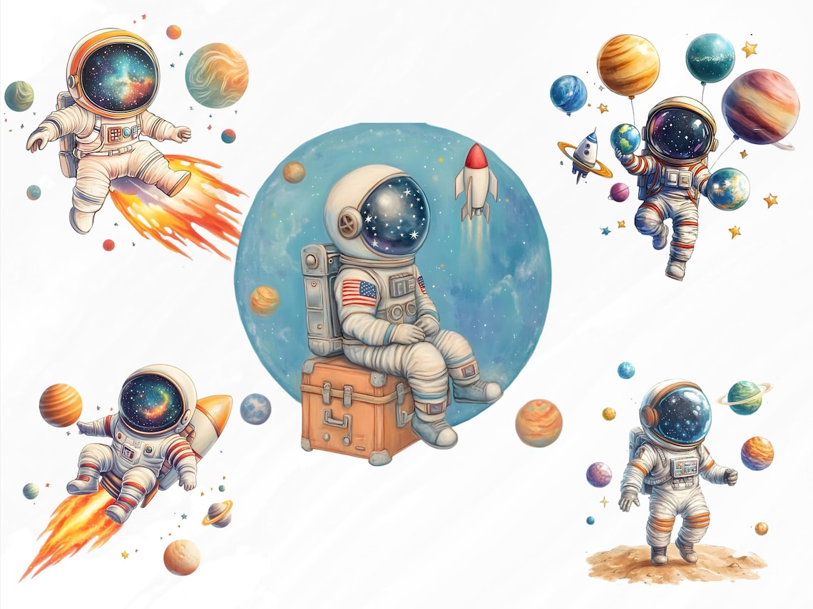 Watercolor Astronaut Clipart Bundle, Space Rocket PNG (digital Download ...