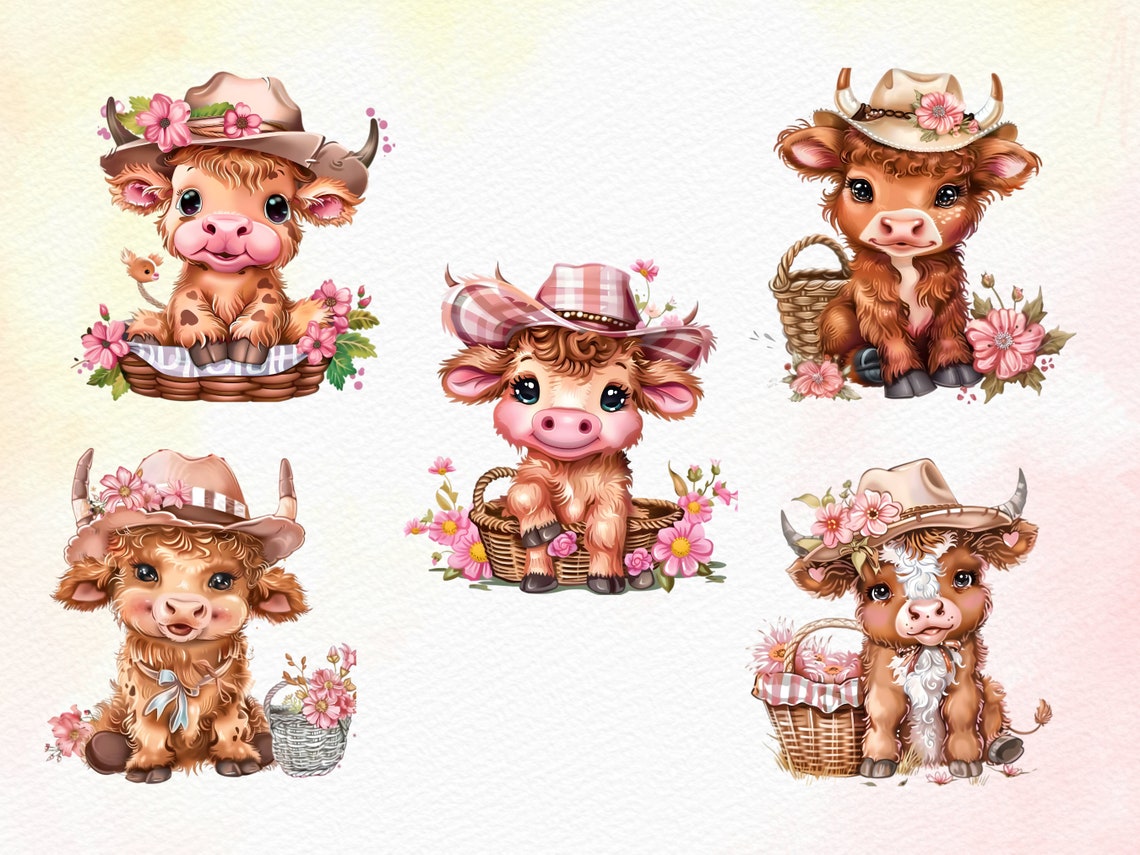 Baby Highland Cow Clipart, Baby Animals Clipart, Highland Cattles, Cute ...