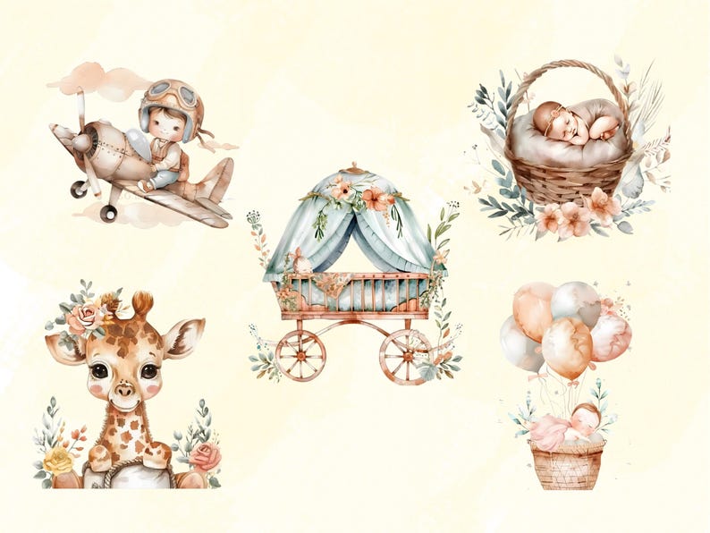 Boho Baby Shower Clipart Bundle, Watercolor Clipart, Nursery Decor PNG ...