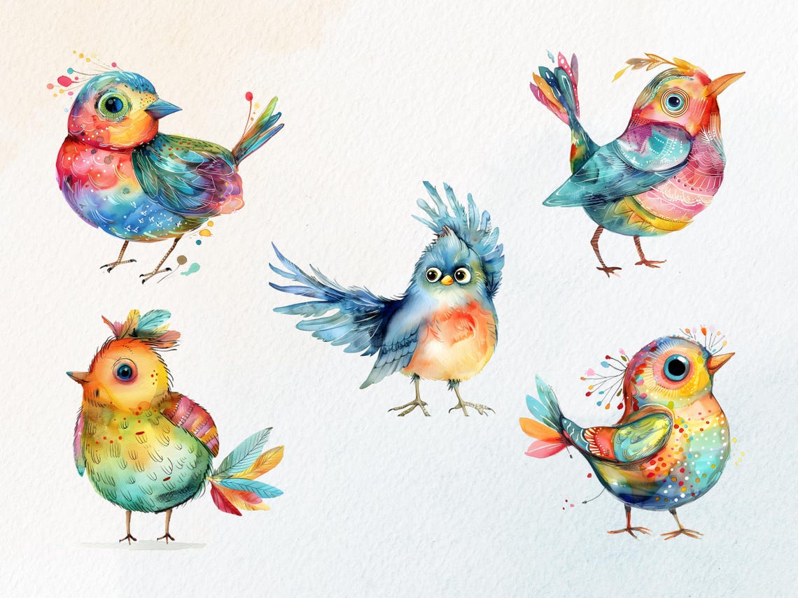 30 Cute Whimsical Bird Clipart, Funny Bird Clipart, Watercolor Clipart ...