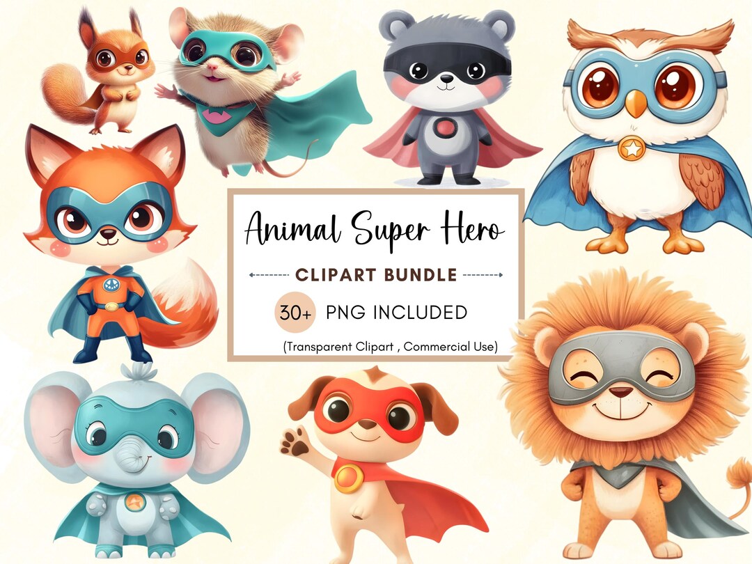 Animal Superheroes Clipart Bundle, Cute Baby Animals PNG, Safari Animal ...