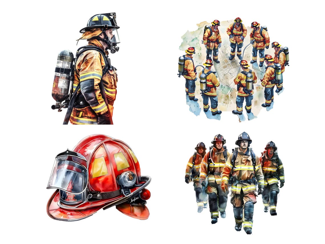 Firefighters Clipart Bundle, Watercolor Fire Graphics, Fireman Clipart ...