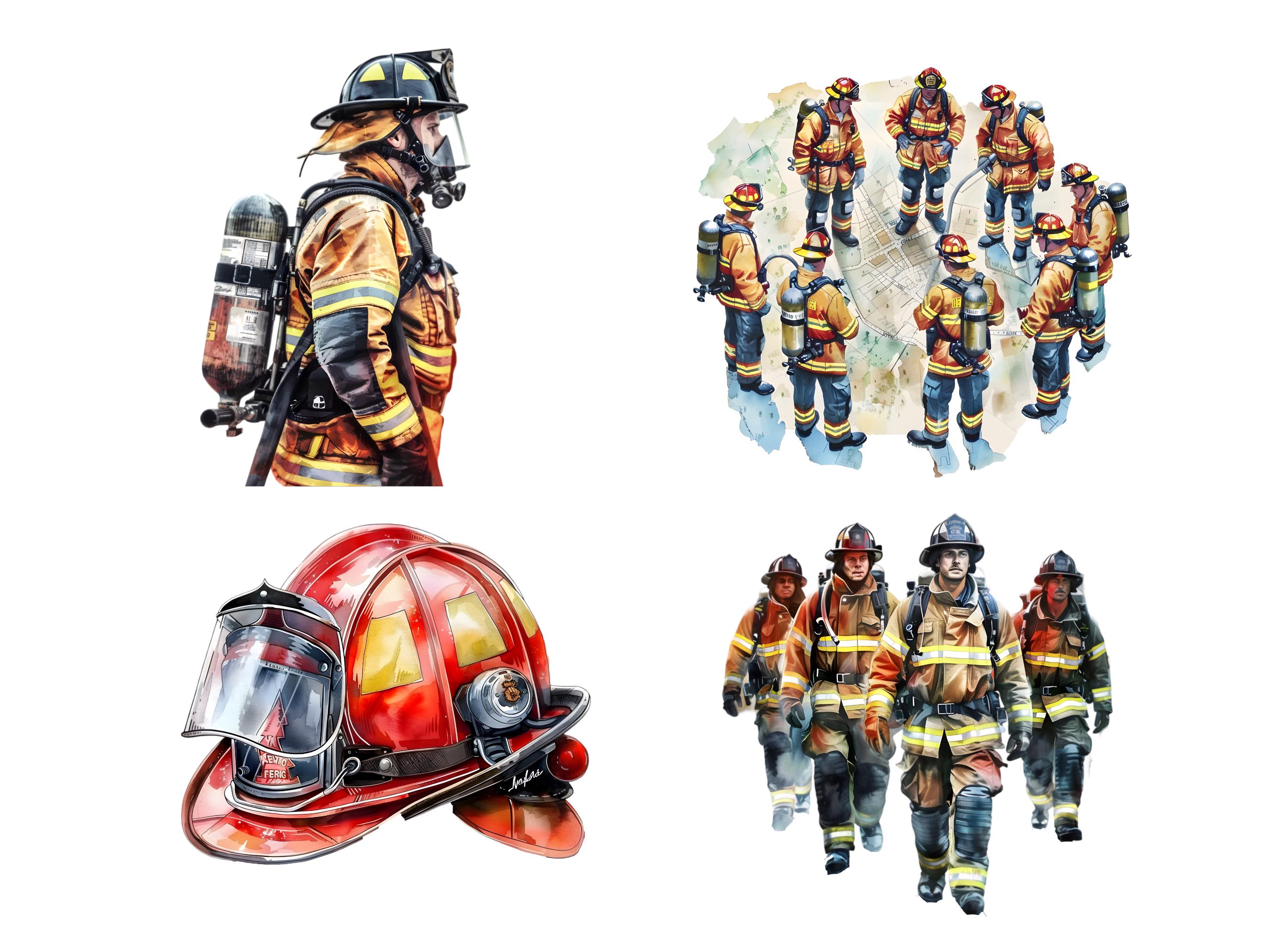 Firefighters Clipart Bundle, Watercolor Fire Graphics, Fireman Clipart ...