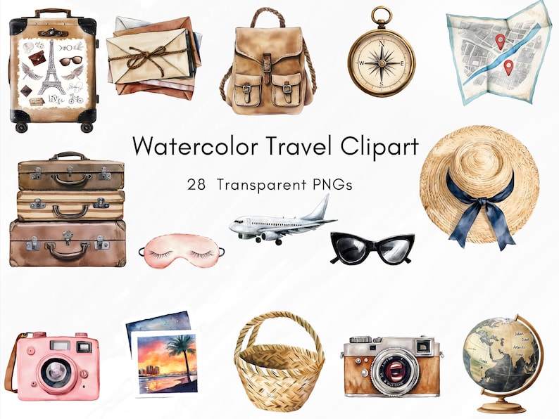 Watercolor Travel Clipart Bundle, 28 PNG Vacation Illustrations ...