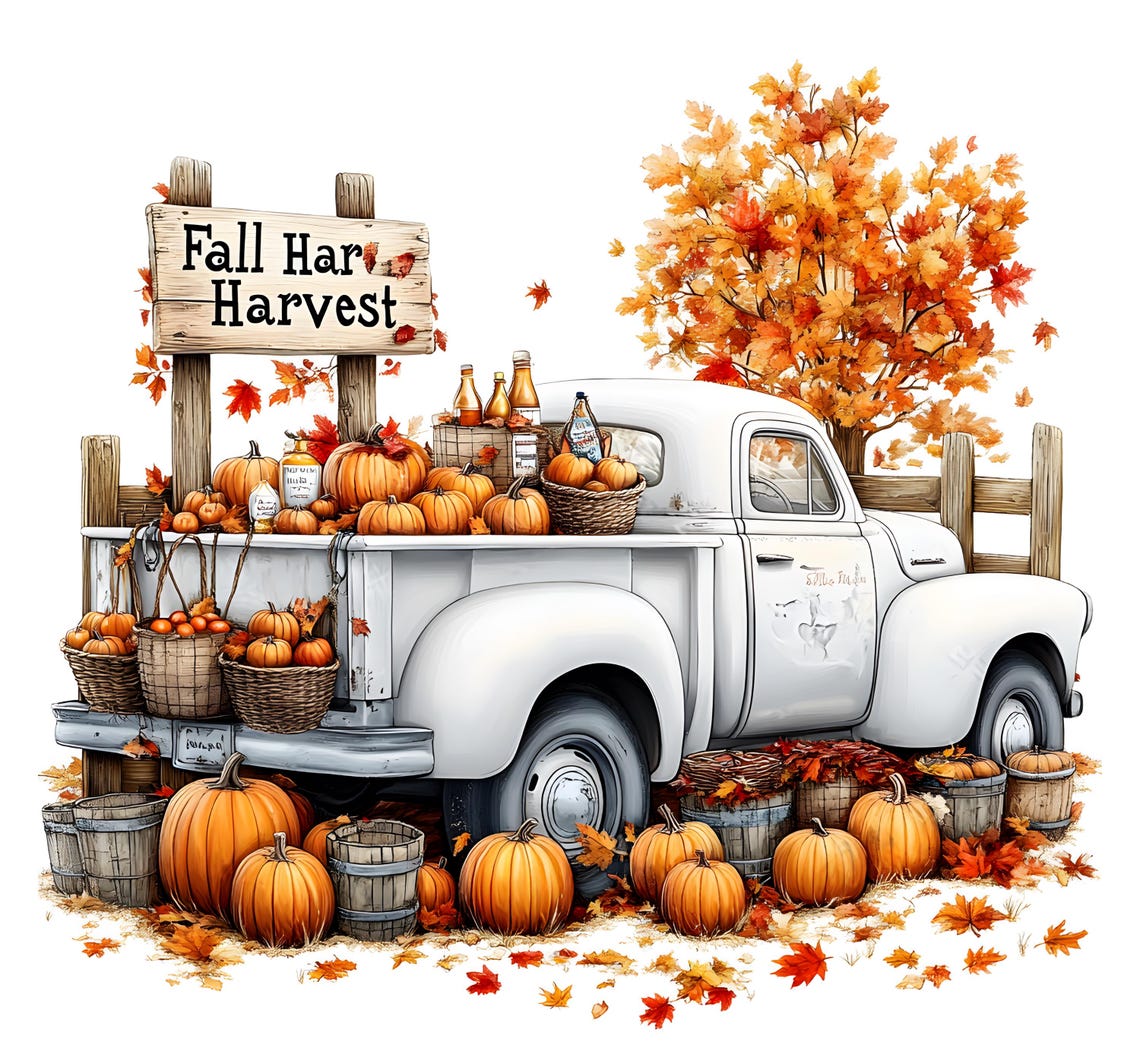 25 Vintage Autumn Truck Clipart Fall Harvest Trucks With Pumpkins ...