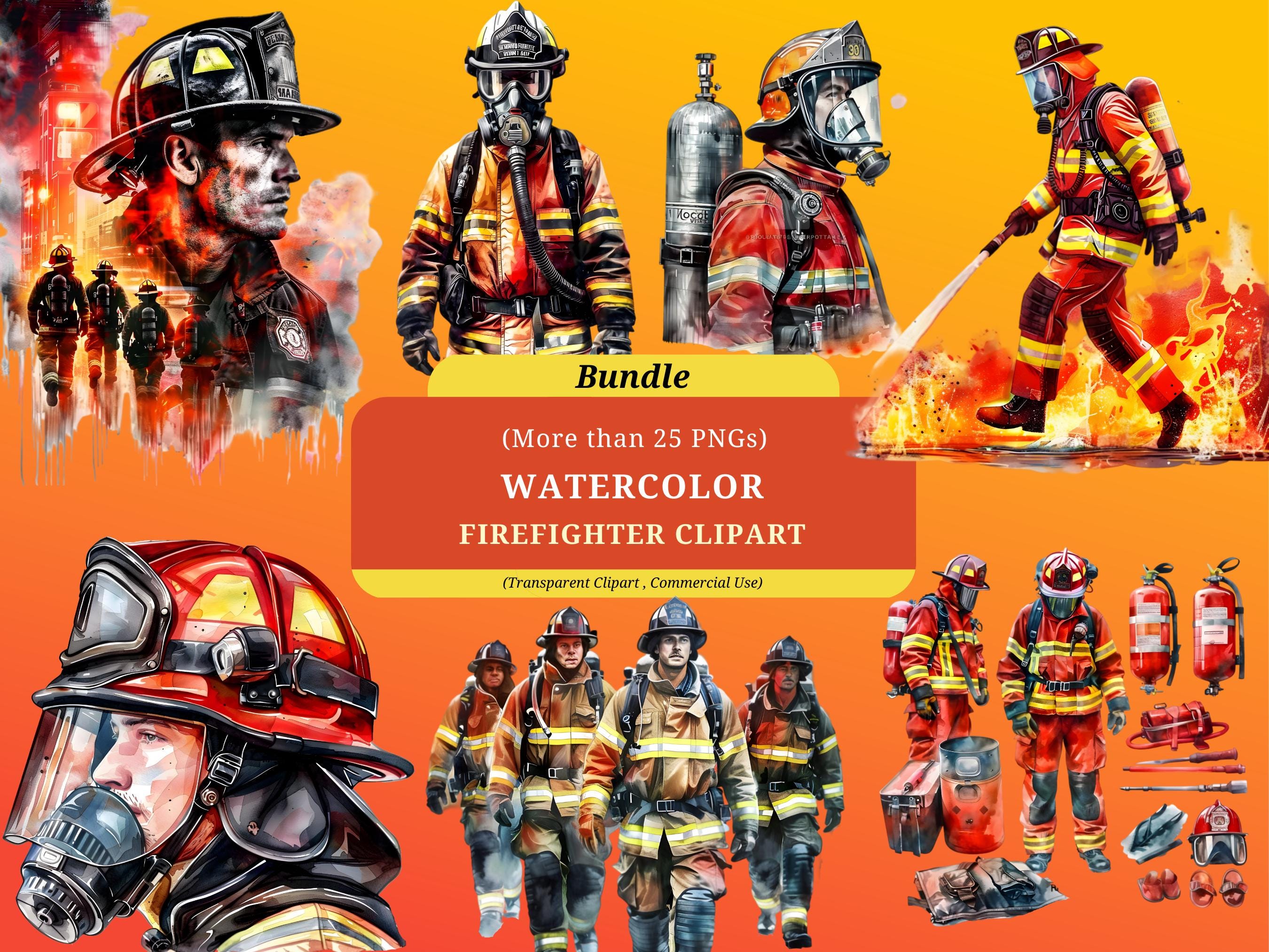Firefighters Clipart Bundle, Watercolor Fire Graphics, Fireman Clipart ...