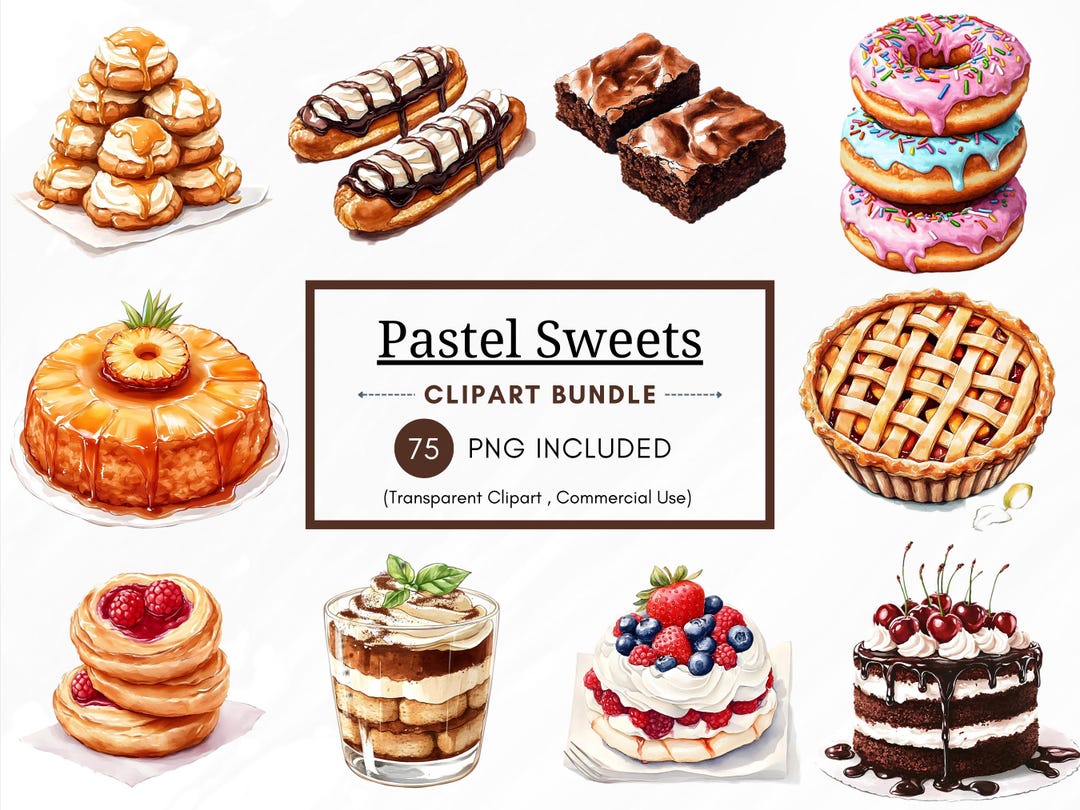 75 Watercolor Pastel Sweets Clipart Bundle, Delicious Desserts, Candy ...