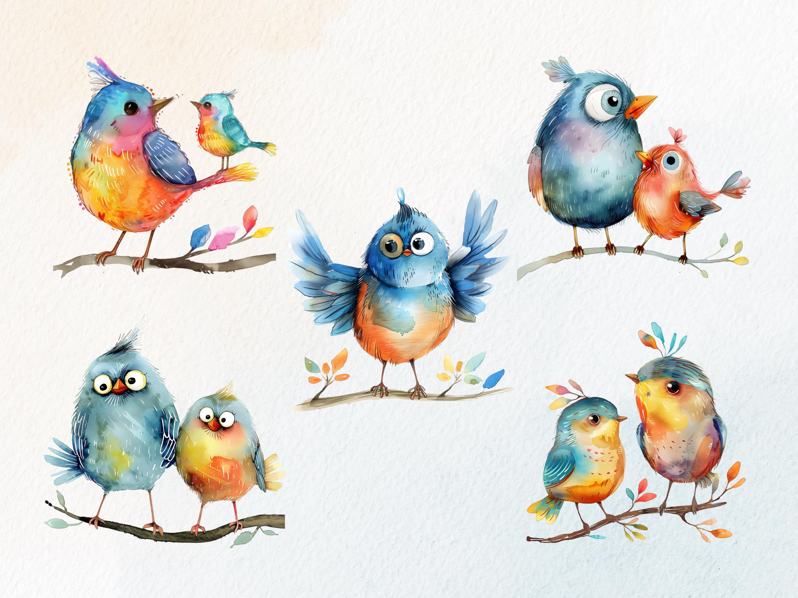 30 Cute Whimsical Bird Clipart, Funny Bird Clipart, Watercolor Clipart ...