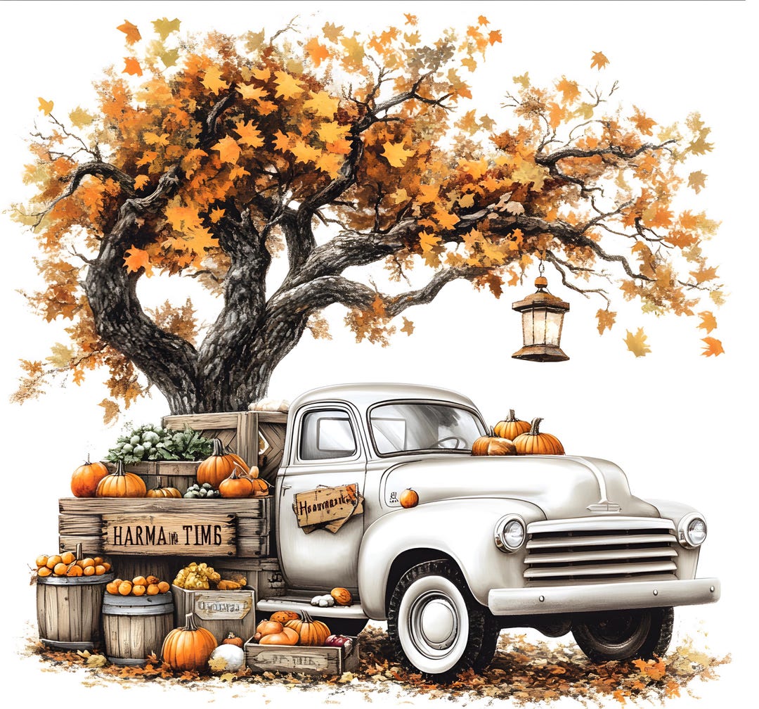 25 Vintage Autumn Truck Clipart - Fall Harvest Trucks With Pumpkins ...