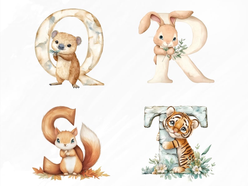 Watercolor Animal Alphabet Clipart, Cute Animal Letters PNG, Alphabet ...