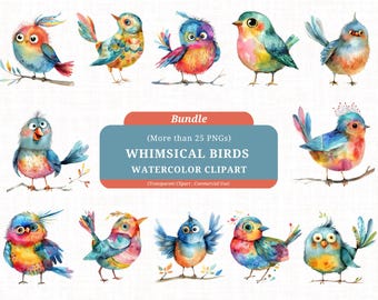 30 Cute Whimsical Bird Clipart, Funny Bird Clipart, Watercolor Clipart ...