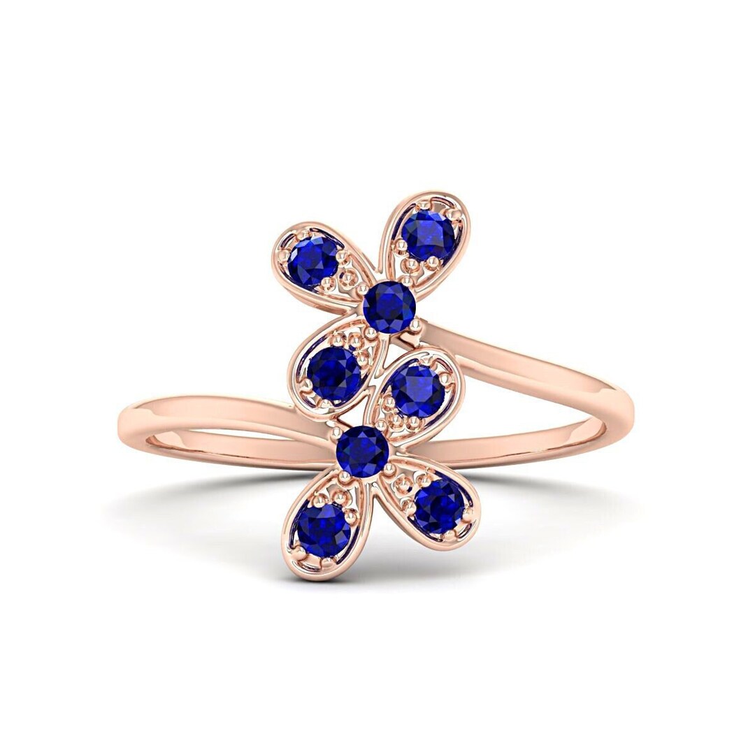 18K Solid Gold Blue Sapphire Flower Ring, September Birthstone - Etsy