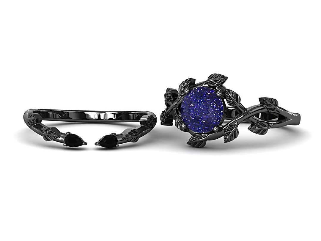 Galaxy Blue Sandstone Wedding Ring Set Sterling Silver Art - Etsy