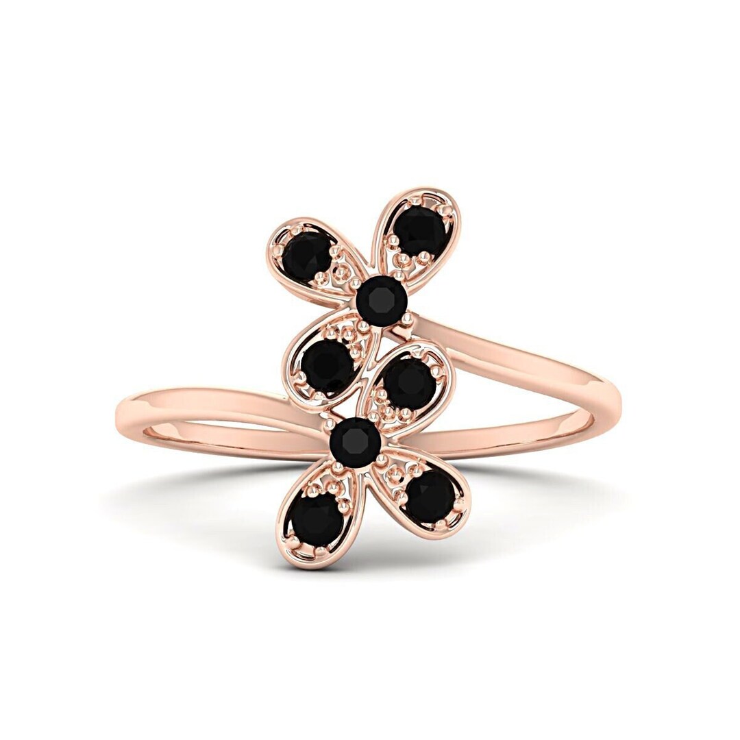 Antique 14K Gold Black Flower Ring, Minimalist Black Onyx Engagement ...