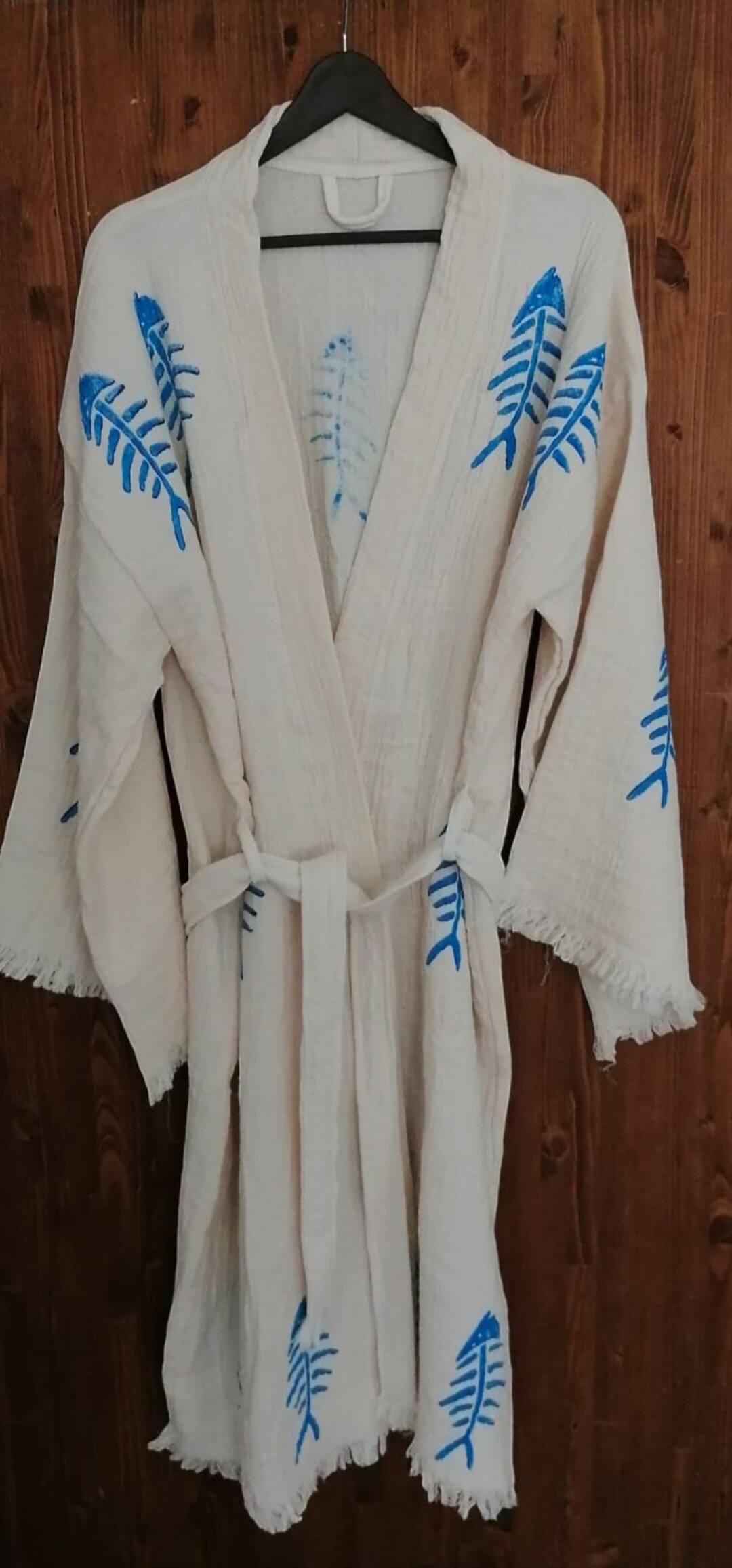 Fish Bone Themed - 2 Layer Muslin Kimono Robe, 100% Cotton Turkish ...