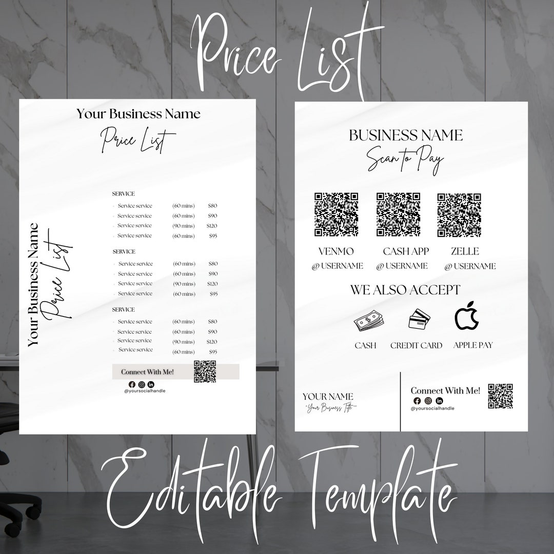 Price List Template & Scan to Pay Sign | | Editable Price Guide ...