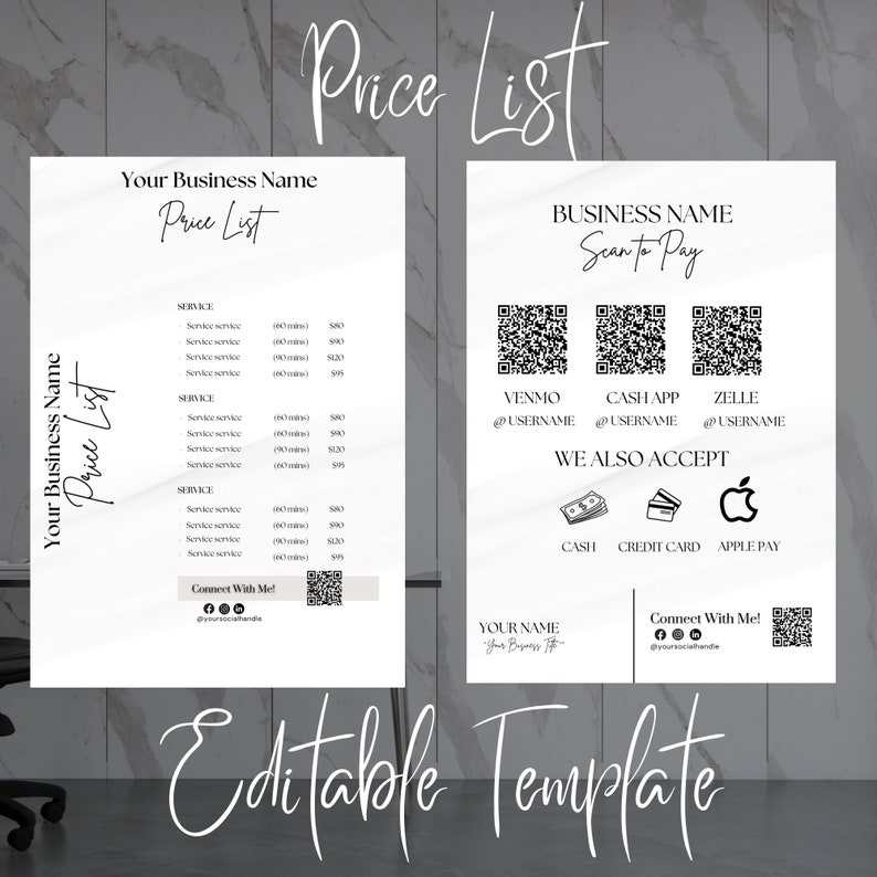 Price List Template & Scan to Pay Sign | | Editable Price Guide ...