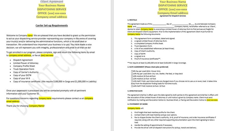 Freight Dispatch Editable Contract & Welcome Packet - Etsy
