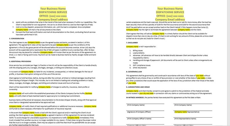 Freight Dispatch Editable Contract & Welcome Packet - Etsy