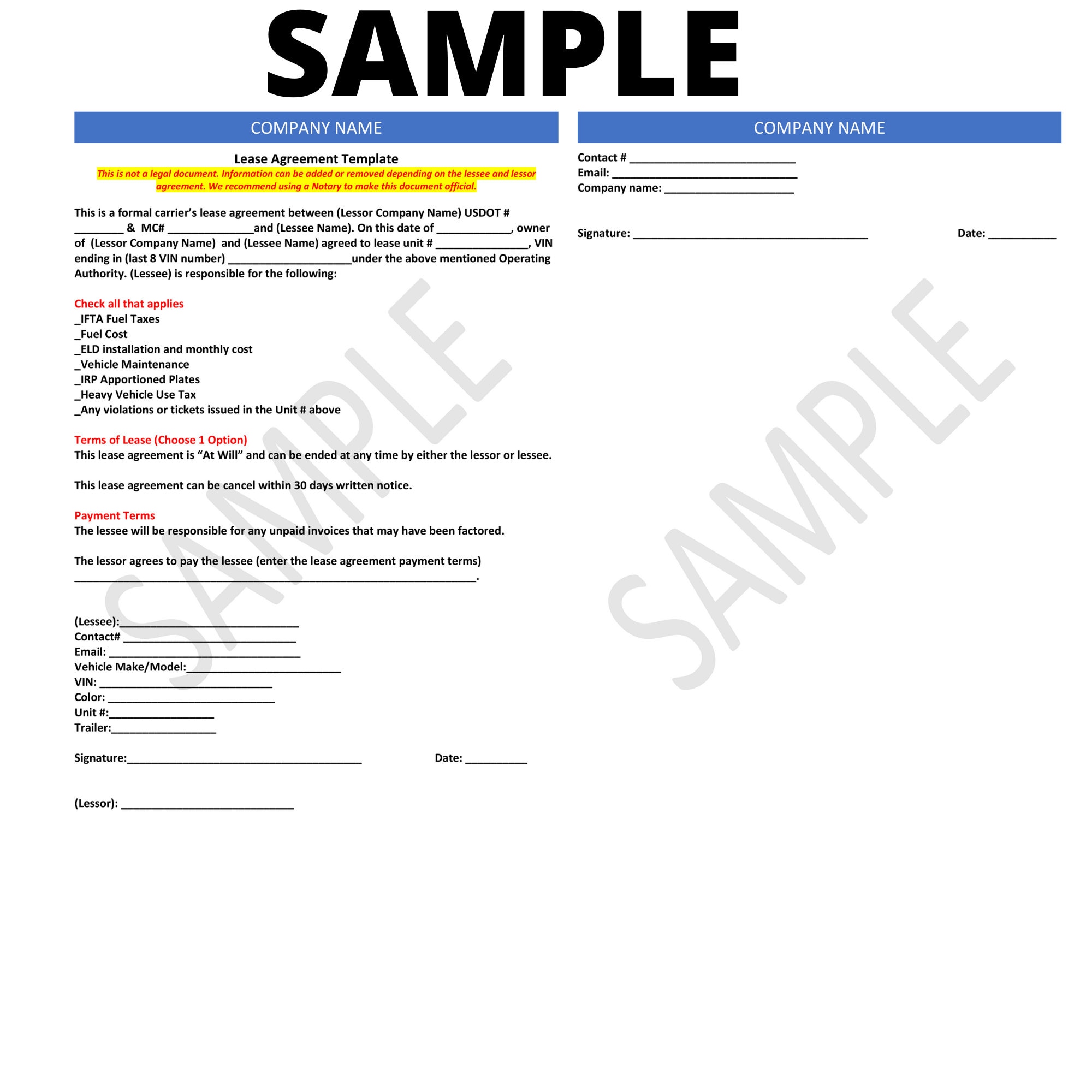 Owner Operator Agreement Contract - Etsy