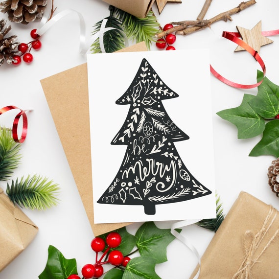 Black & White Christmas Tree Printable Christmas Card | Etsy