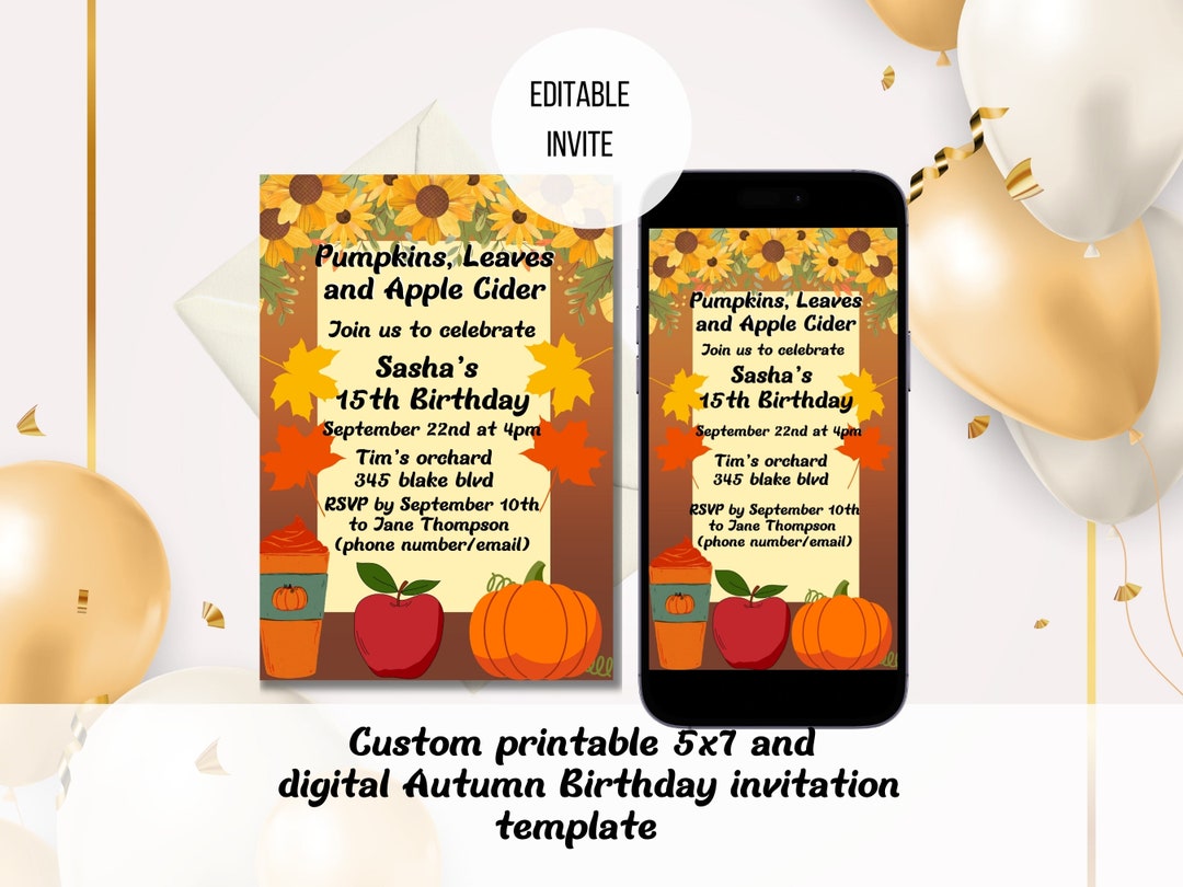 Autumn Birthday Digital Invite Template Birthday Party Invitation Fall ...