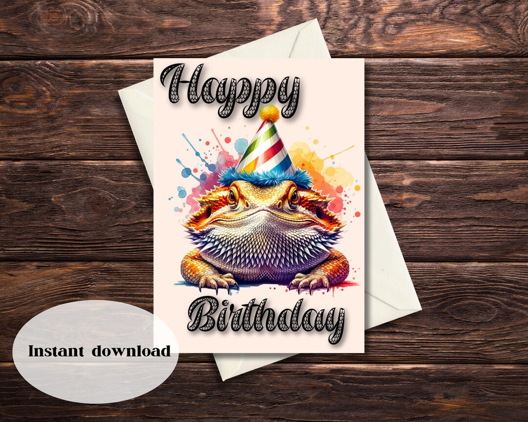 Printable Bearded Dragon Birthday Card Instant Download Lizard Lover ...