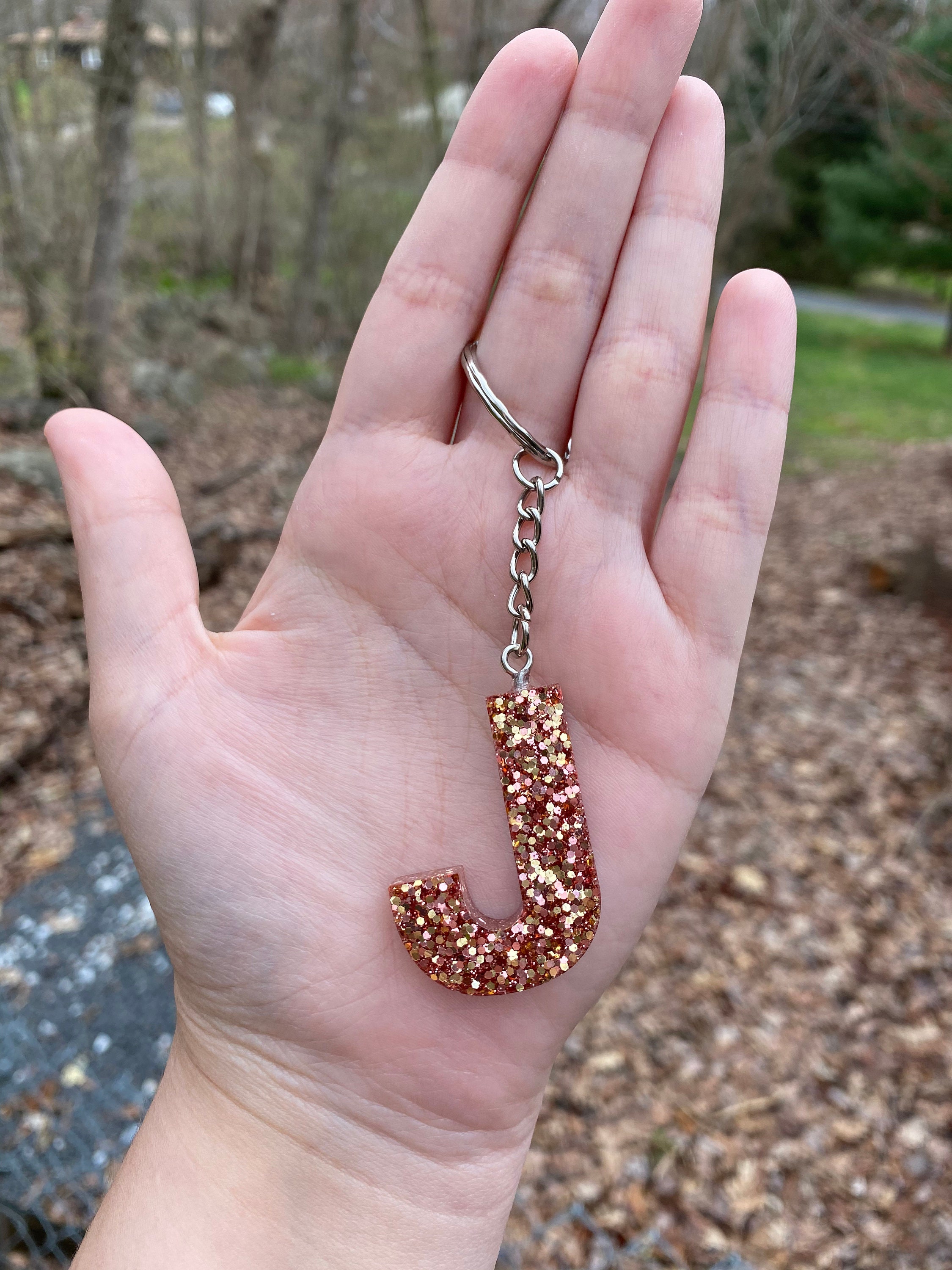 Rose Gold Glitter Resin Letter Keychain - Etsy