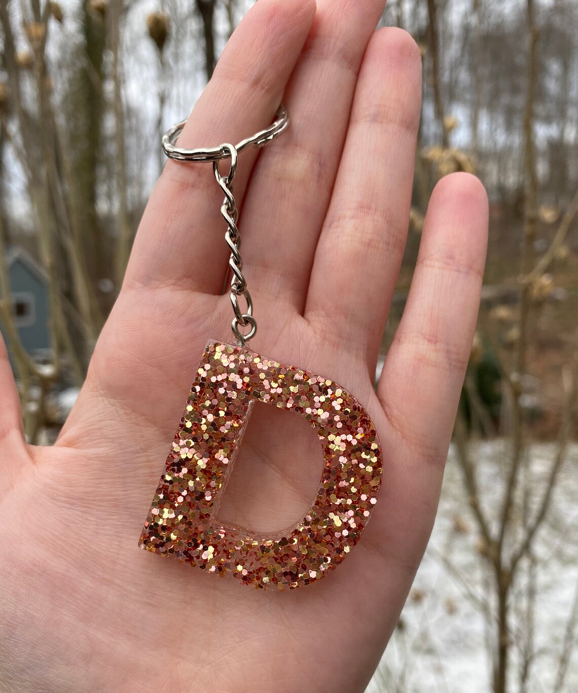 Rose Gold Glitter Resin Letter Keychain | Etsy